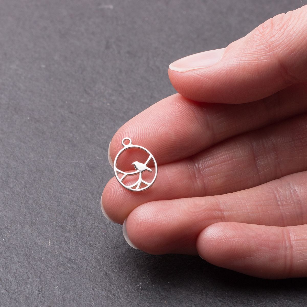 Sterling Silver Oval Nightingale Bird Pendant Charm