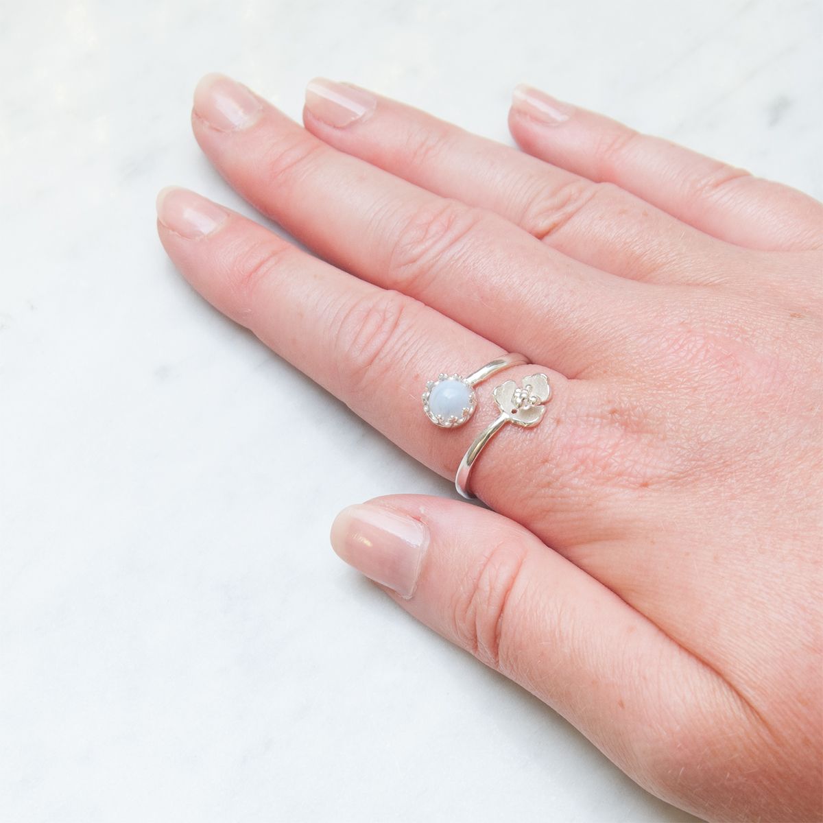 Sterling Silver Adjustable Gallery Flower Ring For 6mm Round Cabochon